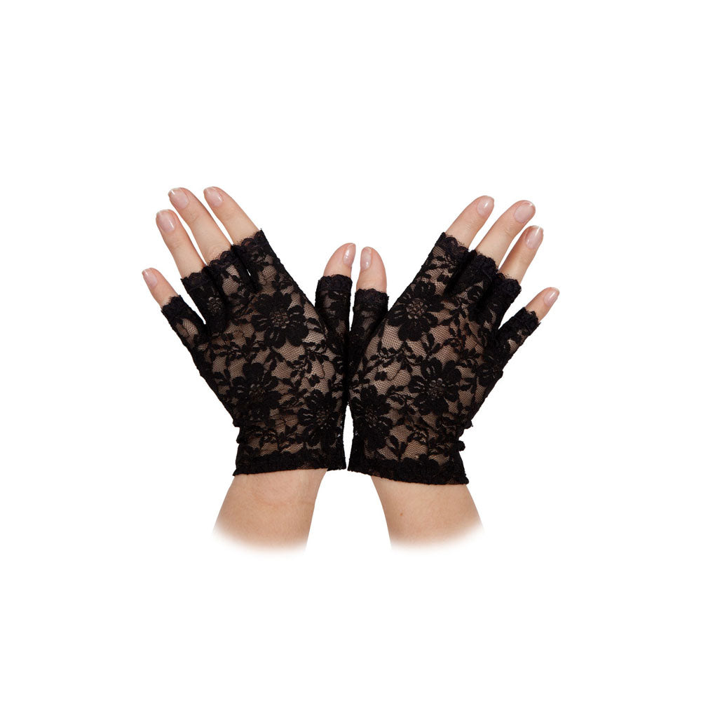 Ladies Short Lace Fingerless Gloves Black Mad World Fancy Dress