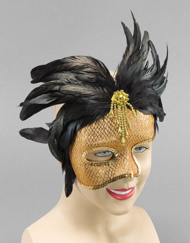 Gold Half Face Feather Mask – Mad World Fancy Dress